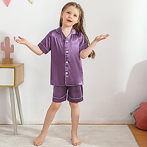 Weixinbuy Pajama Set for Kid Baby Boy Girl Button-up Silk Pajama Sleepwear Nightwear Loungewear Clothes Set Gifts for Kids