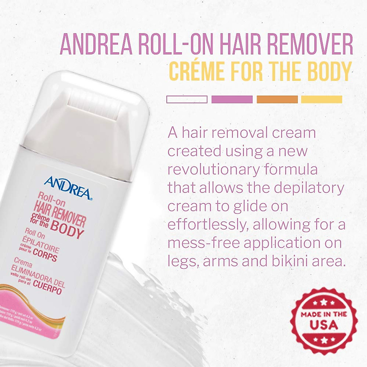 Andrea Roll-On Hair Removal Cream for Unwanted Body Hair, Gentle Depilatory Cream for Arms, Legs, and Bikini, Easy-to-Use Hair Remover, 2 Pack