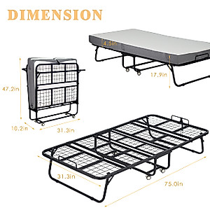 HXZDZ Folding Bed, Portable Foldable Bed with Mattress, 75"x 31" Rollaway Bed Guest Bed for Adults, Fold up Bed with Sturdy Metal Frame& Wheels, Space-Saving Sleeper Bed,Black
