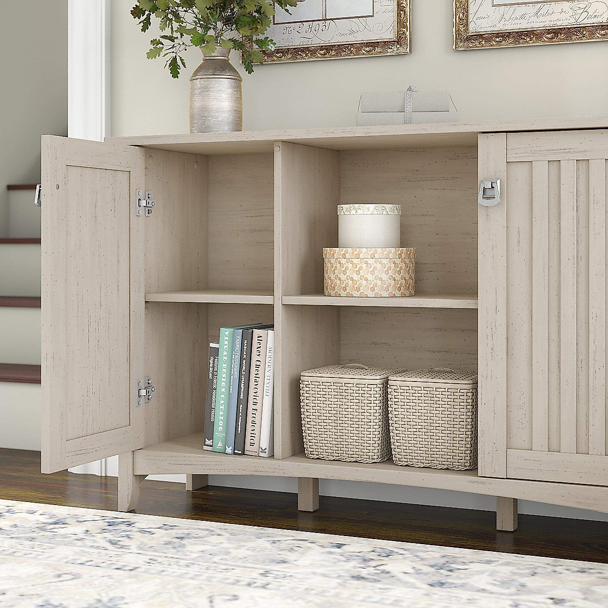 Bush Furniture Salinas Entryway Storage Set with Hall Tree, Shoe Bench and Accent Cabinet in Antique White