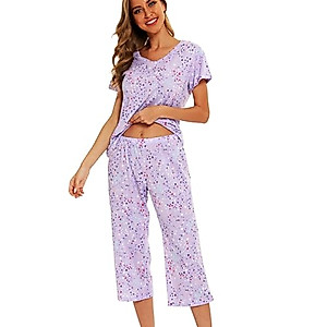 ENJOYNIGHT Women's Cute Sleepwear Tops with Capri Pants Pajama Sets Cotton Pj Set for Women(2X-Large,PU) Purple