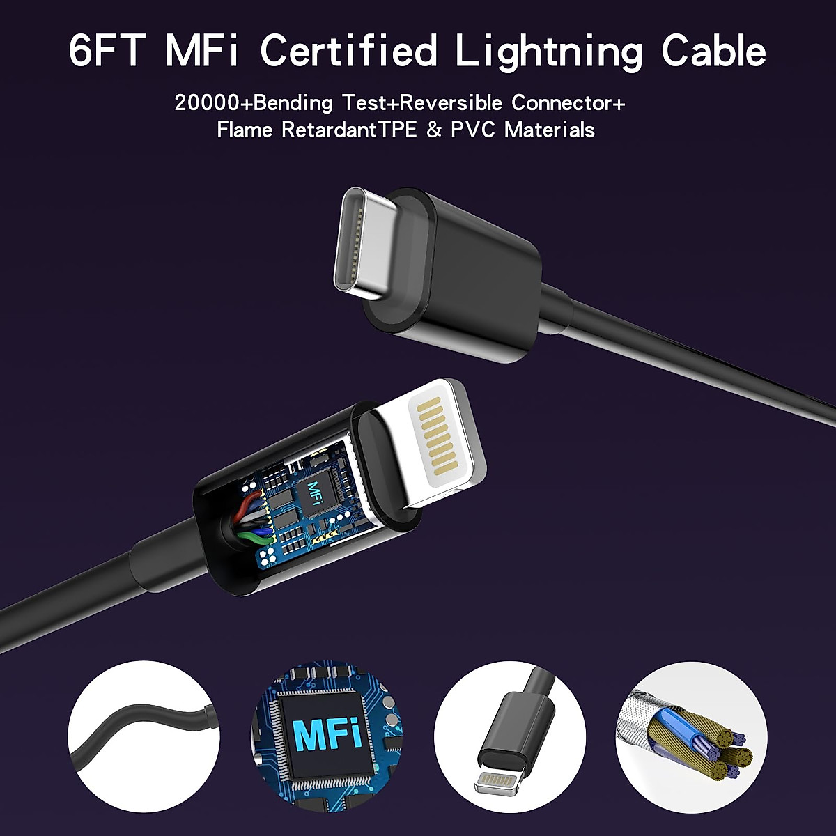 Phone Charger [MFi Certified] 3 Pack 20W PD USB C Wall Fast Charger Adapter with 3 Pack 6FT Type C to Lightning Cable Compatible for iPhone 14 13 12 11 Pro Max XR XS X,iPad (Transparent Black)