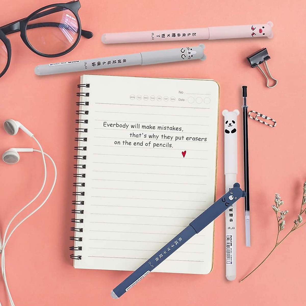 MIATTCLD 4pcs 0.35mm Erasable Gel Pens + 5pcs Replacement Refills, Cute Kawaii Cartoon Cat Pig Bear Panda Animal Gel Ink Black Pen Ballpoint for Writing Note (4)