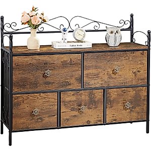 VECELO Dresser for Bedroom, Wide Chest of 5 Drawers, Storage Organizer Unit with Fabric Bins for Closet, Living Room, Hallway,Sturdy Metal Frame,Brown