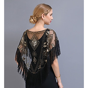 Rlosjin 𝟏𝟗𝟐𝟎𝐬 𝐒𝐡𝐚𝐰𝐥 𝐟𝐨𝐫 𝐖𝐨𝐦𝐞𝐧, Sequin Beaded Bridal Shawl, Dab Dinner Shawl, Prom Shawl, Dinner Scarf, 𝐃𝐫𝐞𝐬𝐬 𝐏𝐚𝐫𝐭𝐲 𝐒𝐡𝐚𝐰𝐥- Black Gold