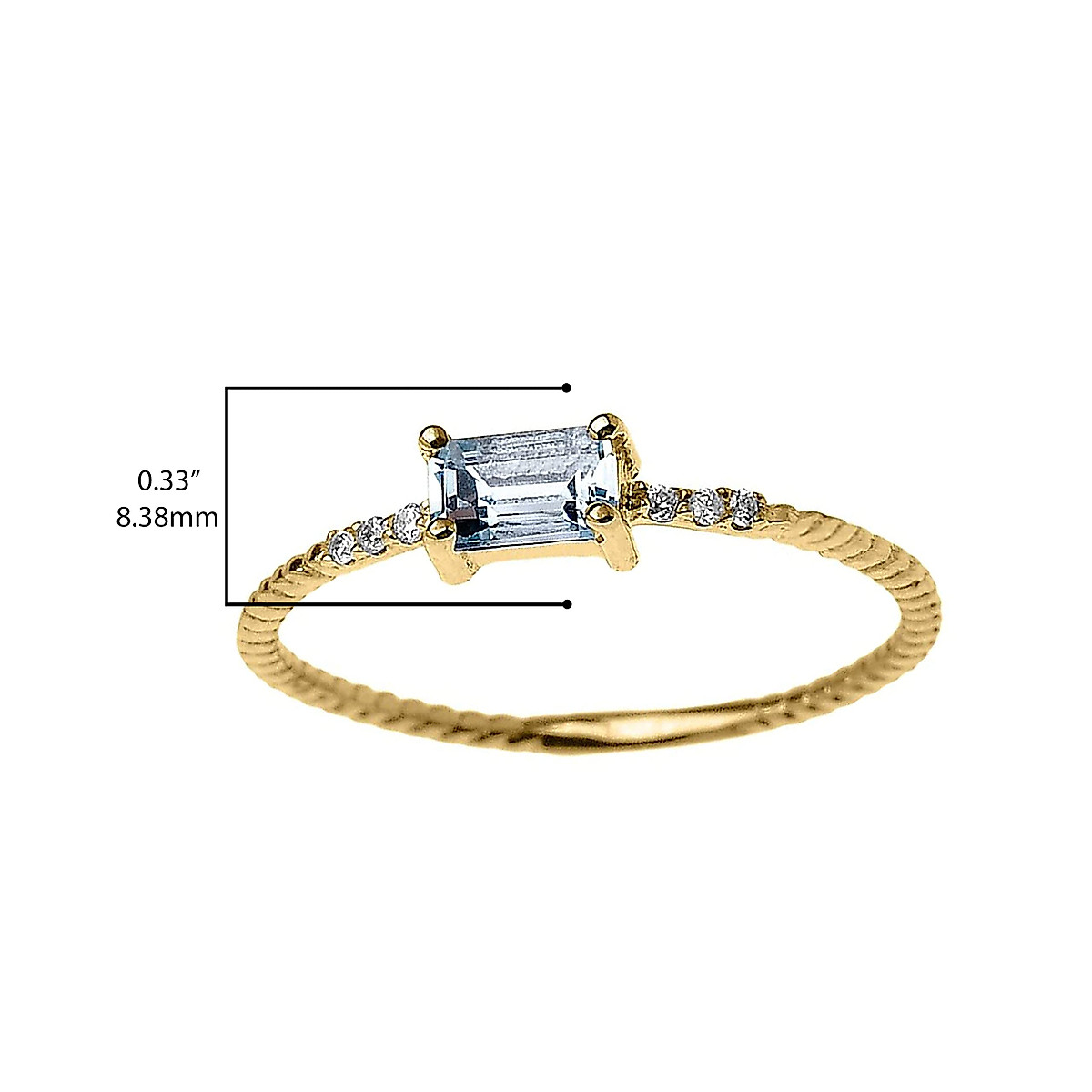 14K Yellow Gold Diamond Accented Emerald Cut Aquamarine Solitaire with Fluted Rope Band Engagement Ring - Size 5-1/2