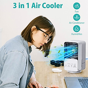Portable Air Conditioner Fan, Evaporative Air Cooler, USB Personal Desktop Cooling Fan with 3 Speeds, LED Light, 120°Oscillation, 2 Mist Adjustments as Humidifier, Small Air Cooler for Room, Bedroom