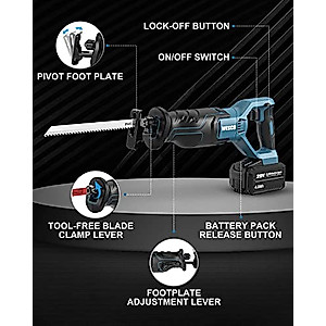 WESCO 20V Cordless Reciprocating Saw, 4.0Ah Li-ion Battery, 0-3000SPM Variable Speed, 3/4" Stroke Length, Recip Saw for Wood Metal PVC Cutting
