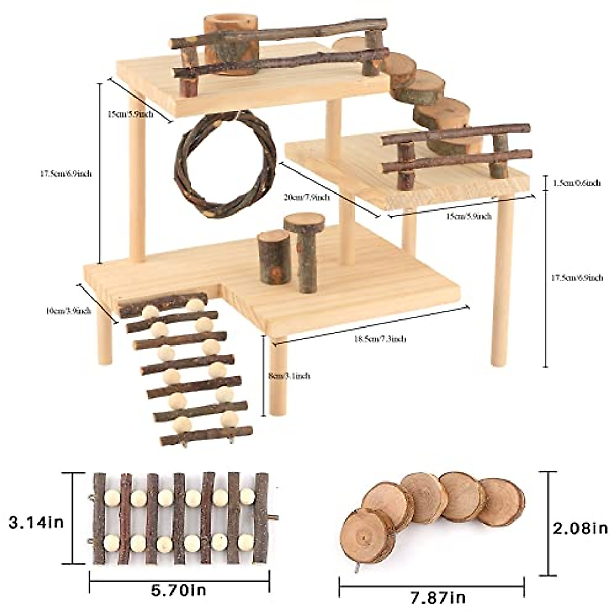 HOSUKKO Hamster Climbing Toys 3-Tier Extra Large Hamster Playground Natural Wooden Small Animal Platform Toys Hamster Exercise Activity Climbing Platform with Bridge for Gift