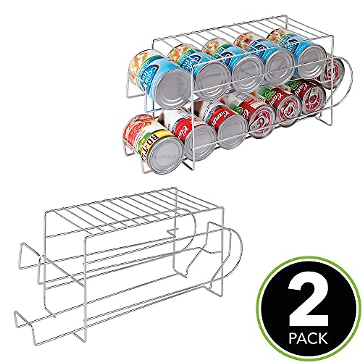 mDesign 2-Tier Metal Wire Standing Pop/Soda and Food Can Dispenser Storage Rack Organizer with Top Shelf for Kitchen Pantry, Countertop, Cabinet - Holds 12 Cans - 2 Pack - Chrome