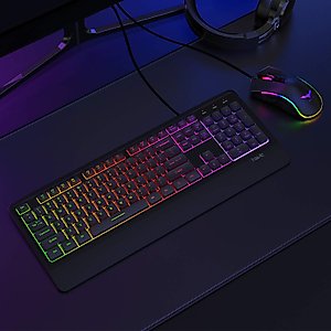 havit Wired LED Keyboard, Rainbow Backlit Computer Keyboard Ergonomic LED Gaming Keyboards Wrist Rest 104 Keys for Office PC Desktop Laptop Game Black