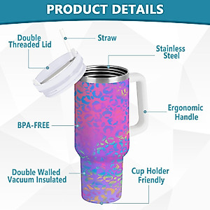 Bright Neon Leopard Tumbler with Handle and Straw Lid, Holographic Gradient 30 oz Insulated Coffee Cup Stainless Steel Water Bottle Travel Mug Cupholder Friendly,Gifts for Women Men