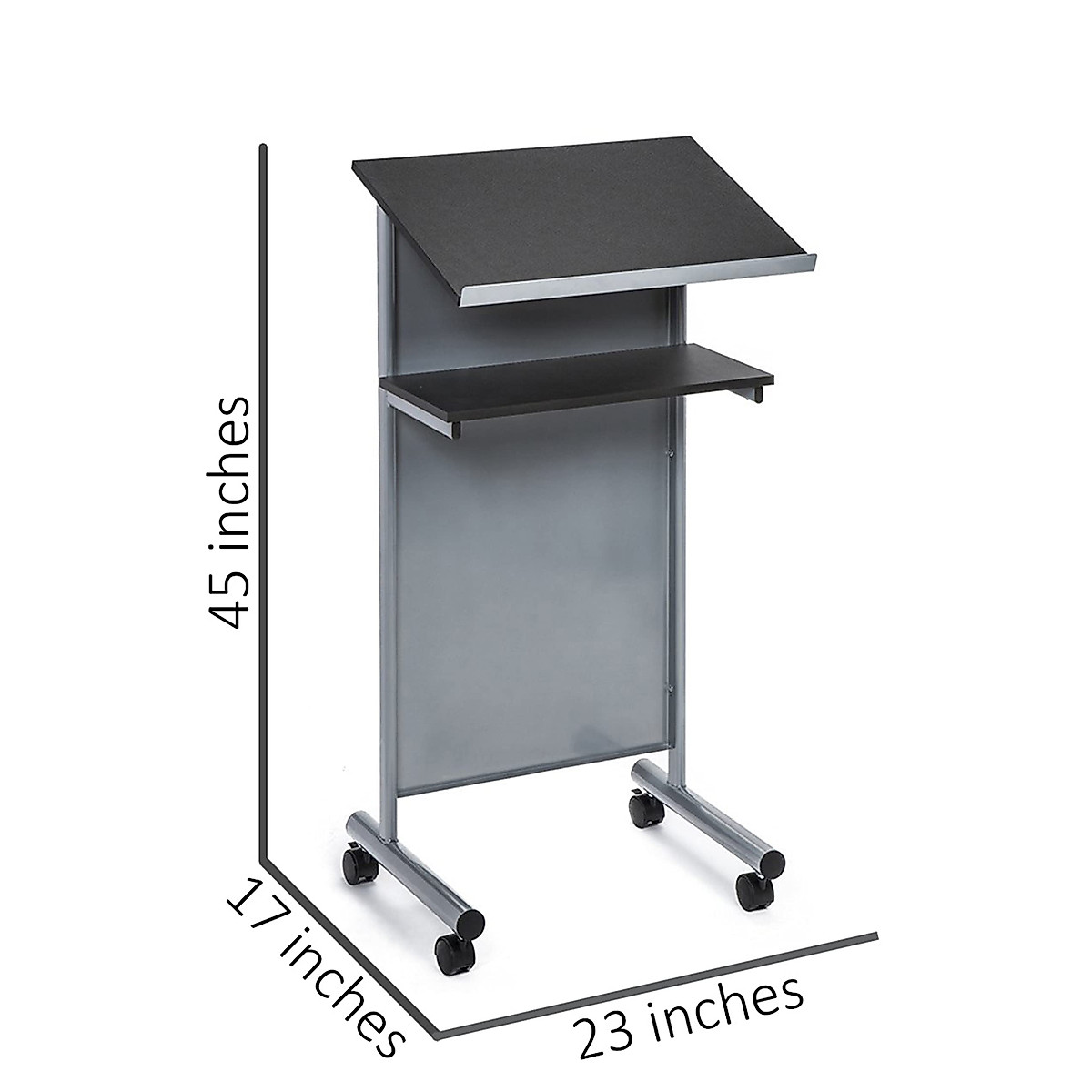 Audio-Visual Direct Wheeled Lectern Podium - Standing Desk with Storage Shelf - Silver/Black - Ideal for Presentations and Laptop Use