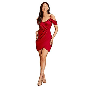 SweatyRocks Women's Elegant Short Sleeve Cold Shoulder Dress Wrap Bodycon Mini Dresses Red S