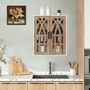 Haigopa Double Door Wall Mounted Cabinet - Rustic Wood Bathroom Storage with Glass Insert, Farmhouse Style Vintage Hanging Cabinet, Fully Assembled