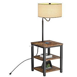 AntLux LED Floor Lamp with End Table - USB Charging Port, Power Outlet, Bedside Table with Shelves, Rustic Night Stand with Industrial Floor Light for Living Room, Bedroom, Guest Room, Edison Bulb