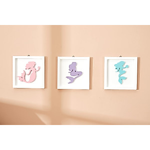Mermaid Room Decor for Girls Bedroom, 3D Mermaid Wooden Framed Set of 3 Wall Decor, Mermaid Bathroom Accessories, Purple Aqua Pink Nursery Accessories, Hanging Wall Art, Little Mermaid Gift