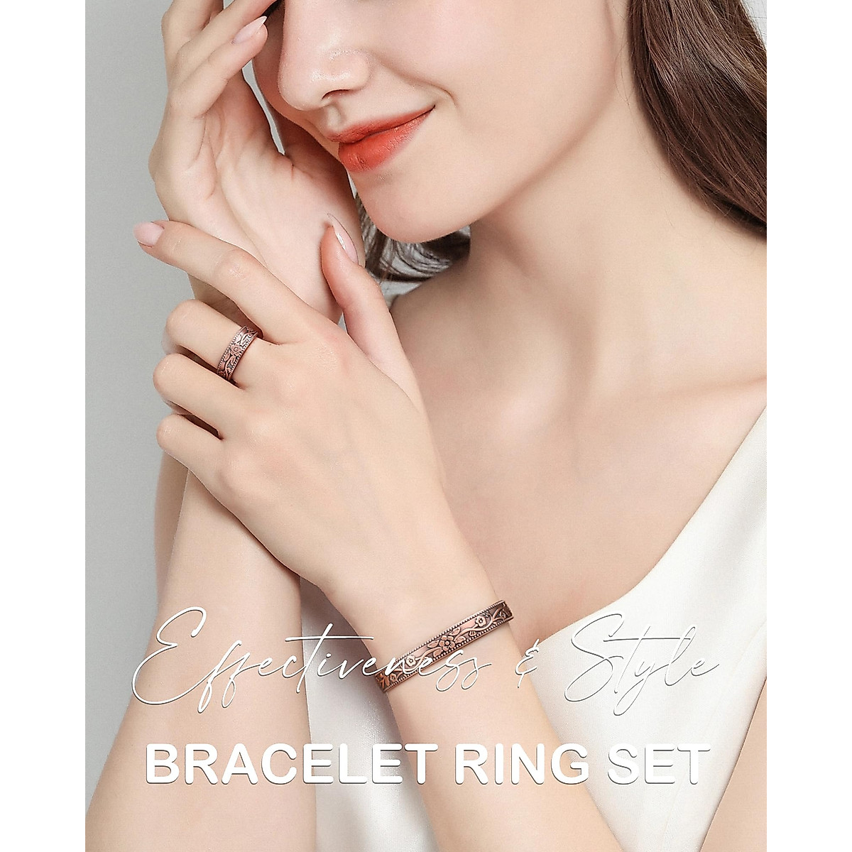 Feraco Copper Bracelet & Lymphatic Drainage Rings for Women, Vintage Flower Copper Magnetic Cuff Bangle, 99.99% Pure Copper with Neodymium Magnets, Adjustable with Gift Box