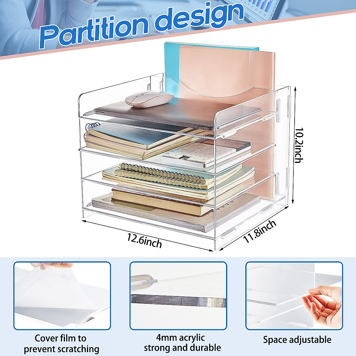 Maitys 4 Tier File Organizer Acrylic Desk Organizer for Letter A4 Clear Stackable Acrylic Paper Organizer Multiple Holder Acrylic File Storage for Office Home School
