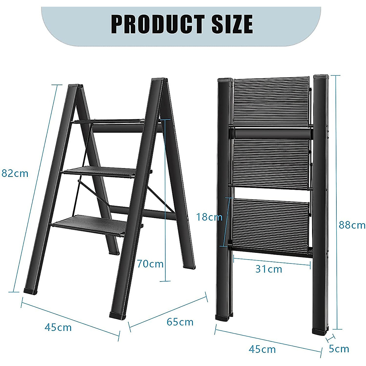 Comft 3 Step Ladder, Aluminum Sturdy Lightweight, Widened Pedal, Non-Slip Foot Pad, Multi-Functional Foldable Space Saving for Home and Kitchen (330LB) (Black)