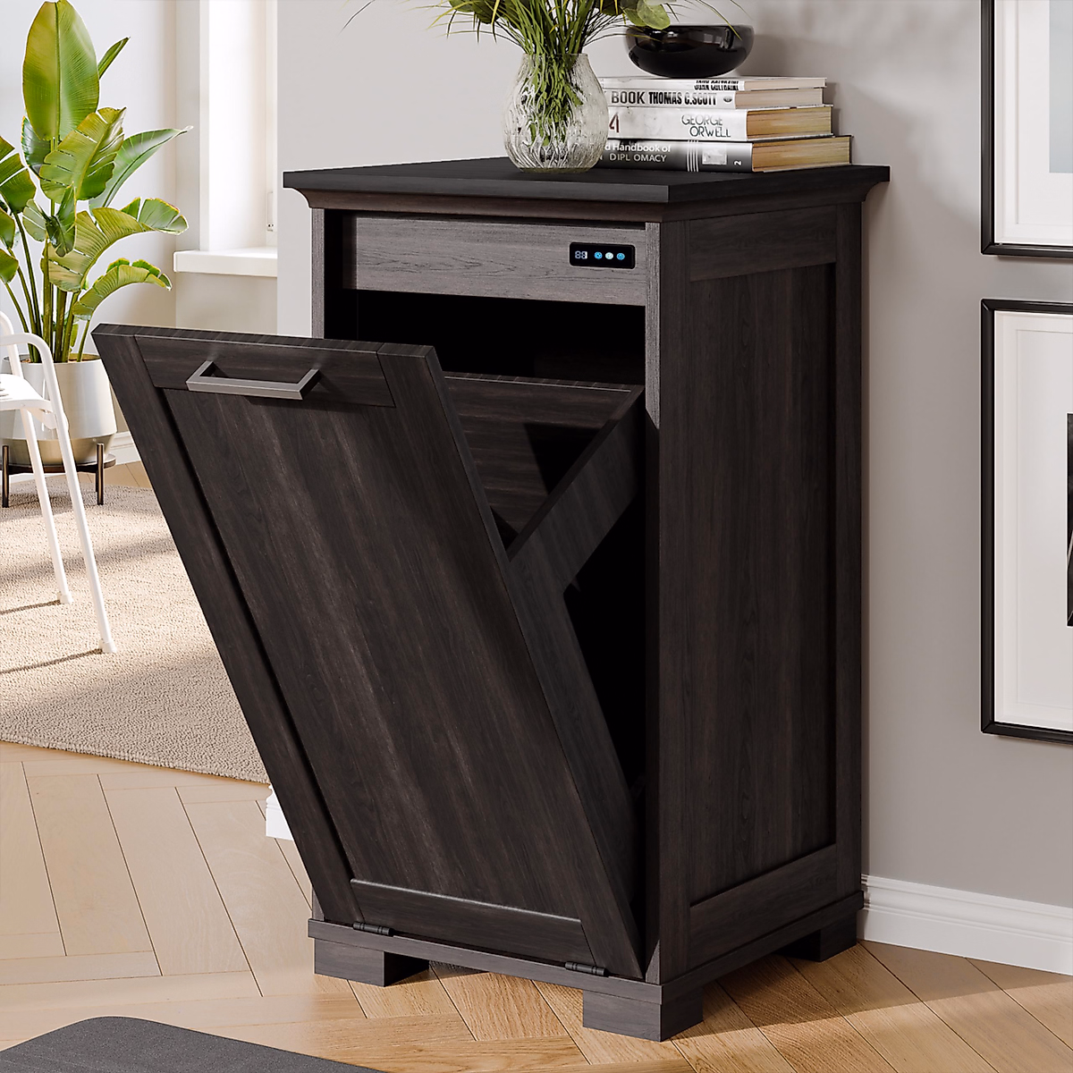UpWiew Tilt Out Trash Cabinet Wooden, Single Door 10 Gallons, Espresso Finish+Black Top Panel
