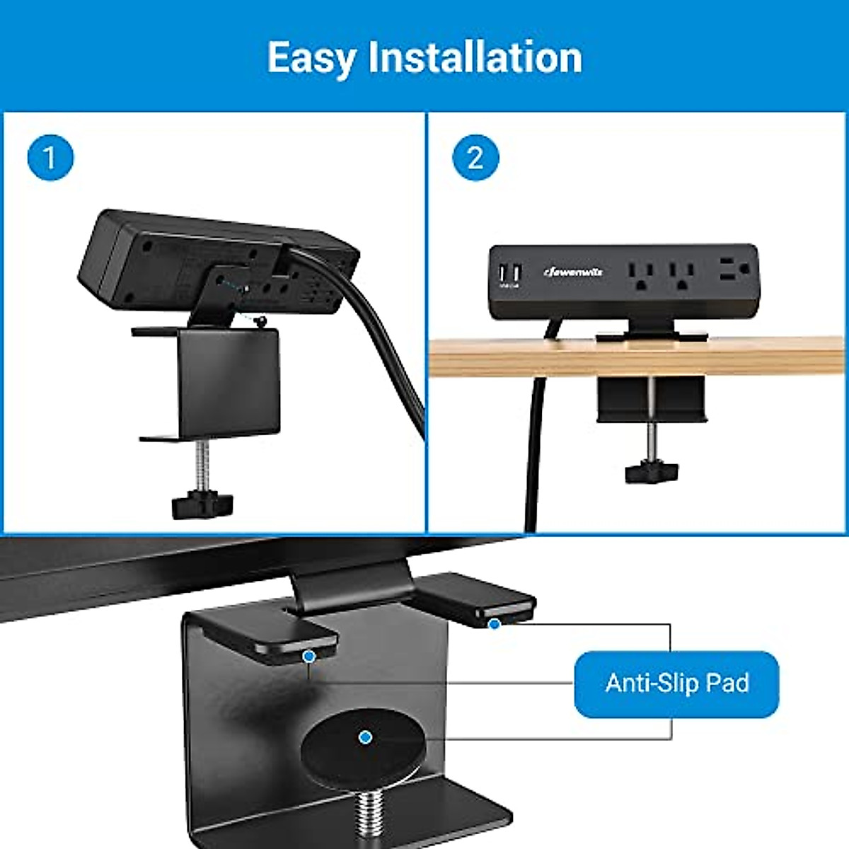 DEWENWILS Desk Clamp Power Strip, Desktop Power Station with 3 AC Outlets(15A/1800W), 2 USB Ports, Desk Mount Power Outlet for Home, Office, 6Ft 14/3C SJT Extension Cord