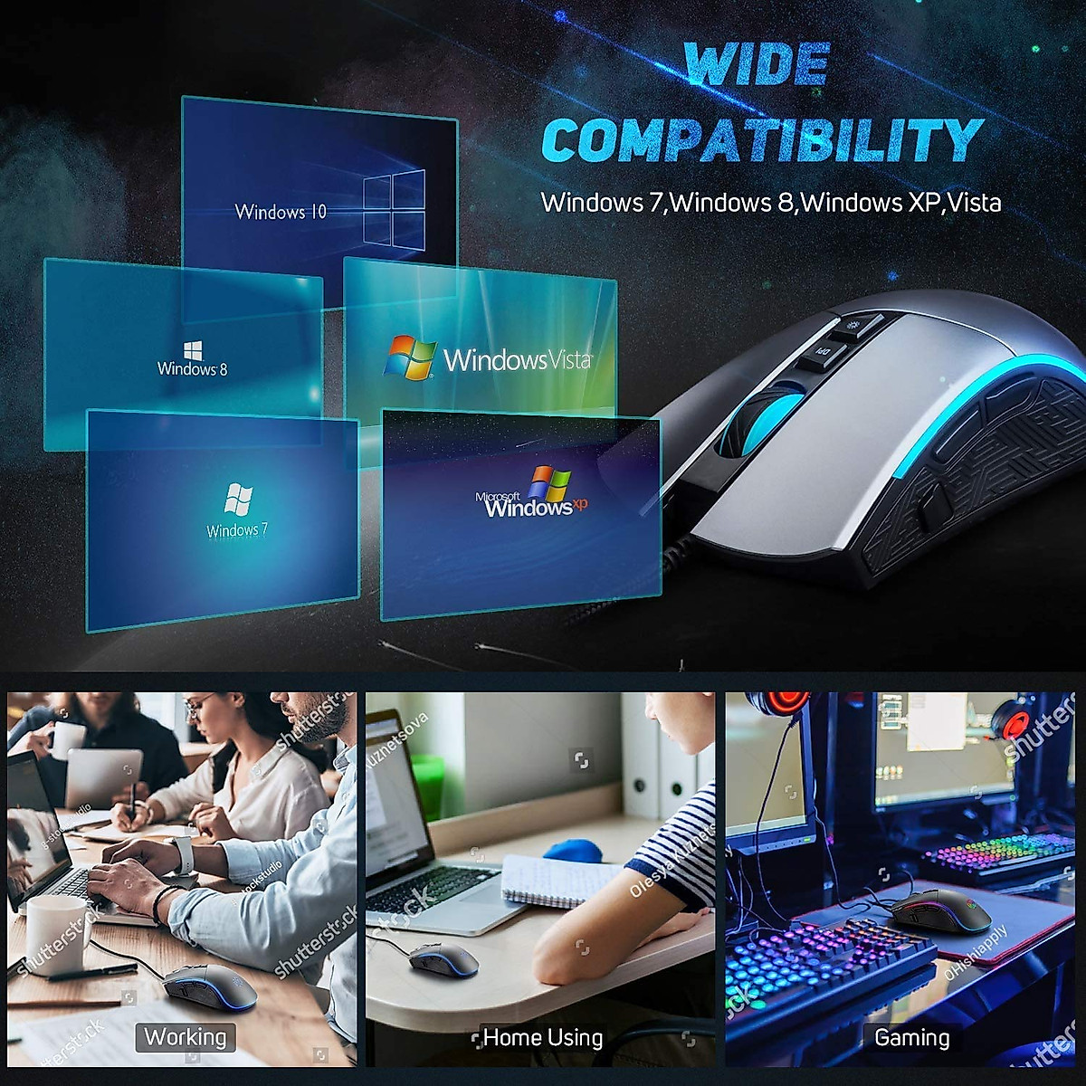 OptiCase RGB Light Ergonomic Gaming Mouse Wired for PC Mac Laptop Computer USB, Cool LED Optical Gamer Mice, IN001