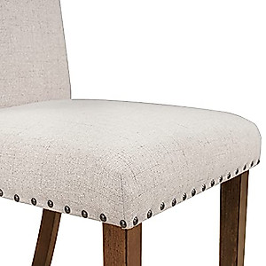 Winwee Dining Chairs with Copper Nails and Solid Wood Legs Upholstered Armless Dining Chair with High Back Upholstered Stools, Cotton-Linen Blend Fabric Set of 2 (Beige)