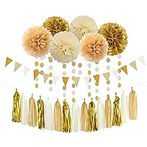 White Gold Champagne Party Decorations - 23pcs Tissue Pom Poms Streamers,Christmas Wedding Engagement Tassel Garland Banner,Bachelorette Neutral Birthday Baby Bridal Shower Decor Lasting Surprise