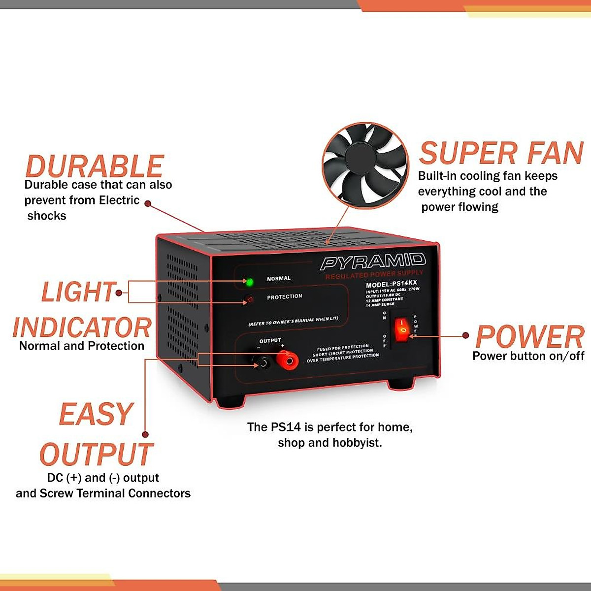 Pyramid Universal Compact Bench Power Supply - 12 Amp Linear Regulated Home Lab Benchtop AC-to-DC 12V Converter w/ 13.8 Volt DC 115V AC 270 Watt Power Input, Screw Type Terminals, Cooling Fan PS14KX