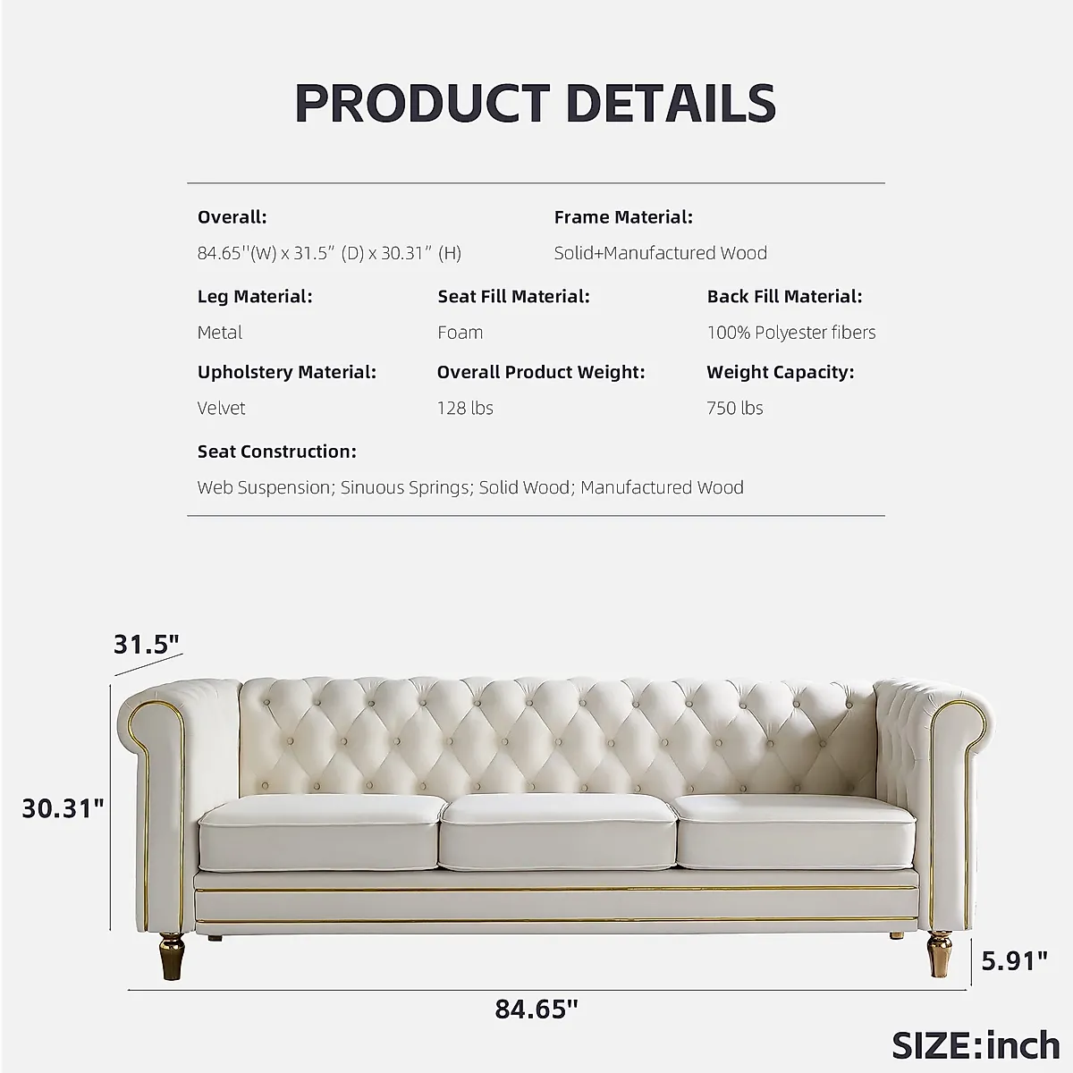 Yoglad Velvet Chesterfield Sofa, 84.65'' Mid Century Modern 3 Seater Couch with Round Arms and Metal Legs, Upholstered Sofa with Tufted Back for Living Room Bedroom (Beige)