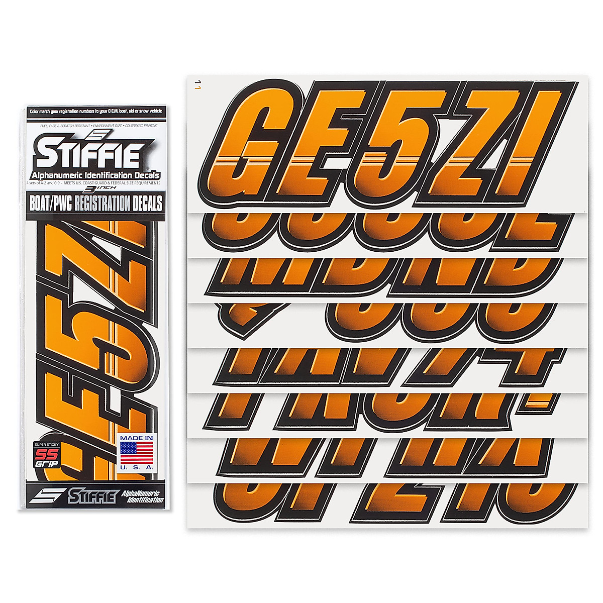 STIFFIE Techtron Orange Crush/Black SUPER STICKY 3" Alpha Numeric Registration Identification Numbers Stickers Decals for Sea-Doo SPARK, Inflatable Boats, RIBs, Hypalon/PVC, PWC and Boats.