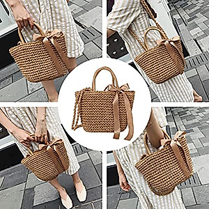 Amosfun straw purse crochet bag tote large beach with zipper rattan bags for women- Woven Handbag Woven Bag Beach Bag Storage- Bag Grass Bag Cross- body Bag