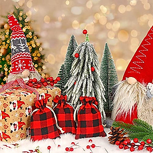 SULOLI 24PCS Christmas Buffalo Plaid Drawstring Bags, Xmas Plaid Burlap Bags Drawstring Bags Washable Cotton Xmas Bag for Christmas Candy Goodie Holiday Favors