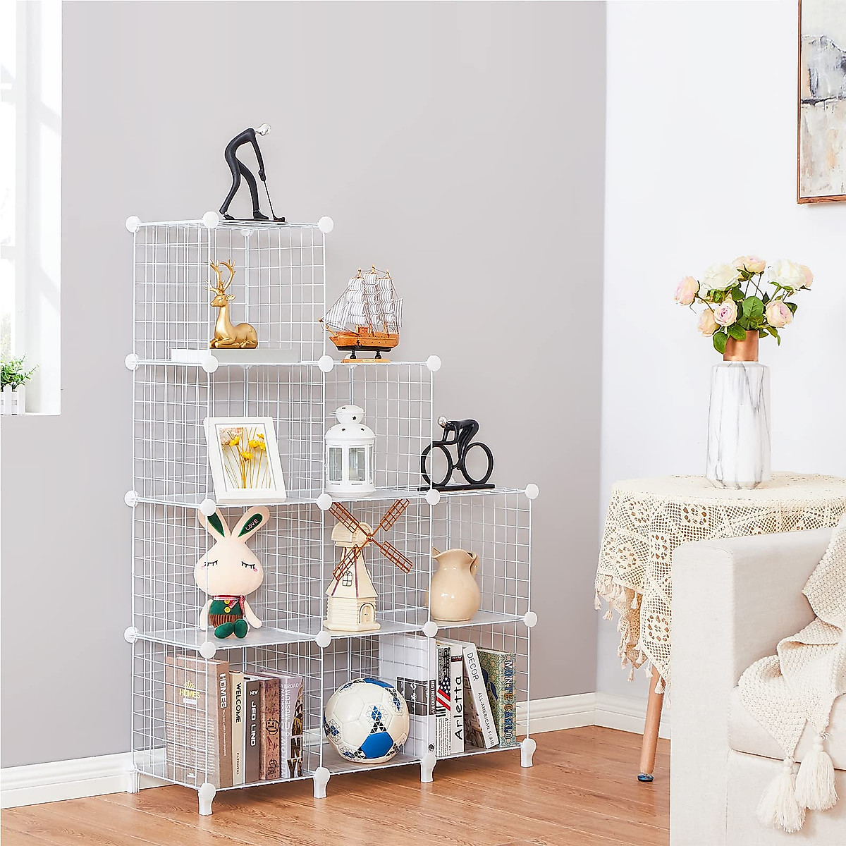 ANWBROAD Wire Cube Storage Organizer 9 Cube Metal Grids Shelves Storage Bins Shelving Stackable Modular Bookshelf Shelf Cubbies Unit Closet Cabinet for Living Room Office White LWT009T