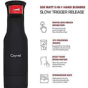 Caynel 500 Watt Immersion Hand Blender, 8 Variable Speeds Control with Turbo Setting, Ergonomic handle Multi-purpose Hand Mixer Pure Copper Motor Stainless Steel （5-in-1）