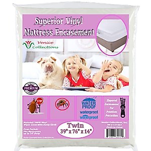 Superior Extra Heavy 8 Gauge Vinyl Mattress Protector Zippered Encasement Cover 100% Waterproof Twin White
