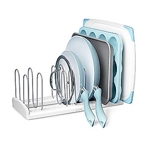 YouCopia StoreMore Adjustable Rack Cabinet Organizer for Pans Sheets and Pot Lids, Large, White & UpSpace Adjustable Box Organizer for Foil Wrap and Kitchen Cabinet Storage, 9" x 9", White