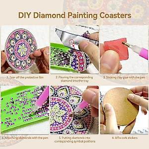 Diamond Painting Coasters, 6 Pcs Mandala Diamond Painting Coasters with Holder, Diamond Art Kits for DIY Coasters, 5D Diamond Painting Kits for Adults and Kids