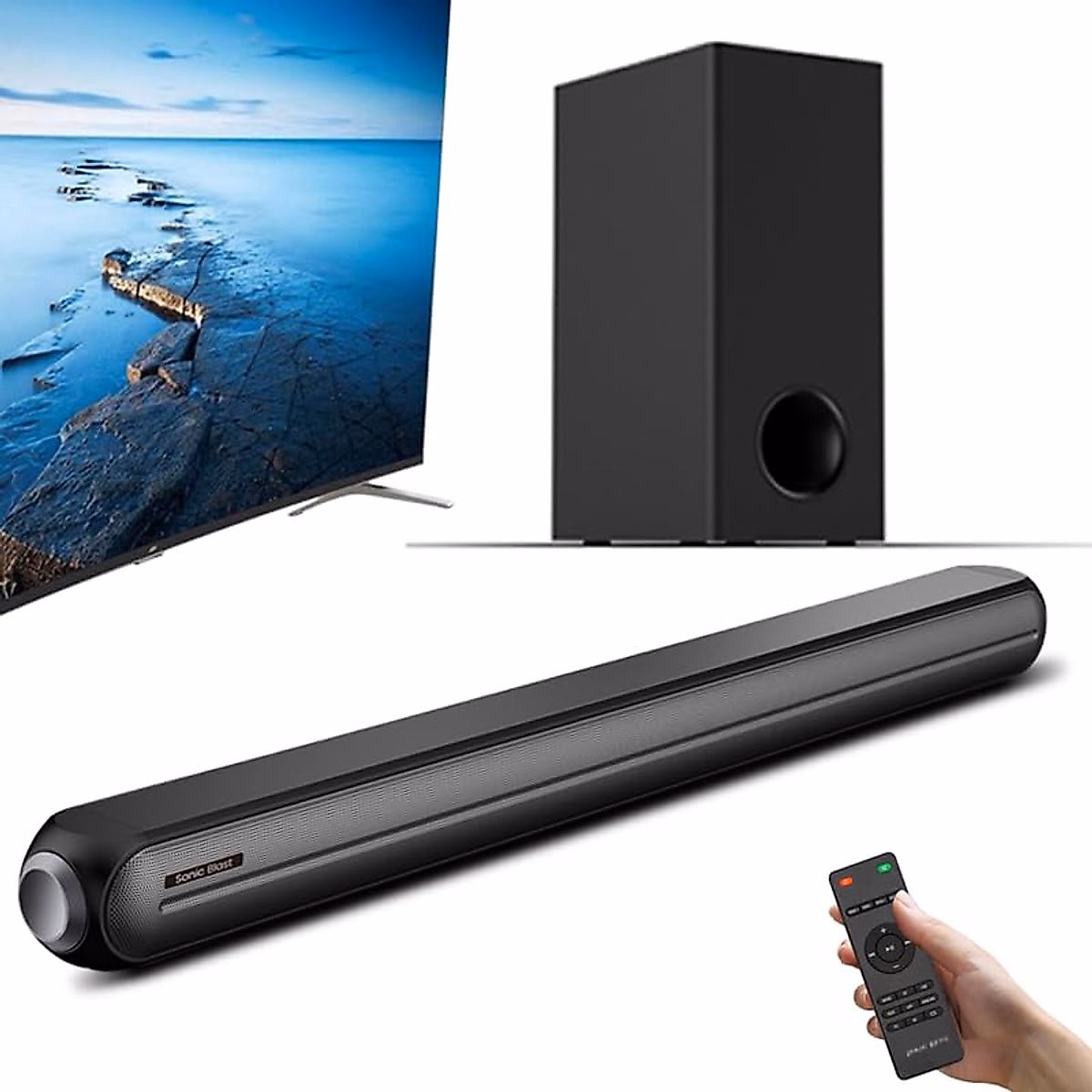 Sonic Blast Sound Bar for TV with Subwoofer 31.5" 2.1 CH Wireless Bluetooth 5.0 TV Soundbar 3D Surround Sound System TV Speaker for Home Theater Audio, HDMI/Optical/Aux/USB/RCA, Movie, Game, Bass Mode