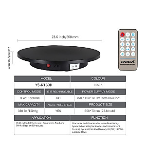 JAKIA Photography Turntable [Metal Cover] Heavy Loading 360 Degree Rotating Display Stand Remote Control 23.6 Inch/60 cm Diameter 330 lbs/150 Kg Loading Black Show Party Christmas Decoration