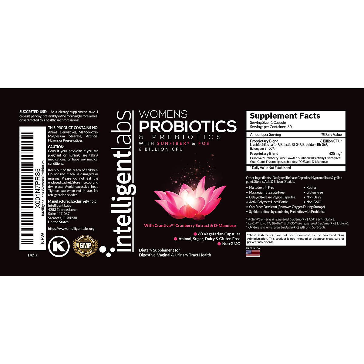 Intelligent Labs Women's Probiotics Formula with Cranberry Extract, D-Mannose and Prebiotics All in one! 6 Billion CFU Probiotic, One Capsule a Day, 2 Months Supply Per Bottle