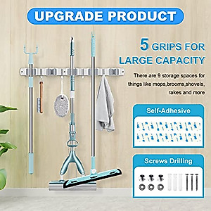 MIMIEYES Broom Holder, Mop and Broom Holder Wall Mount,Stainless Steel Broom Organizer Wall Mounted Tools Hanger, Heavy Duty Storage Organization for Home Kitchen Garden Garage Room(5 Racks 4 Hooks)