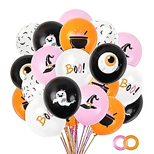 60Pcs Halloween Balloons Set- 12" Halloween Pink Orange Black White Latex Balloons Print with Ghost Boo Bat Witch Hat for Halloween Baby Shower Kids Halloween Birthday Party Favor Decor Supplies