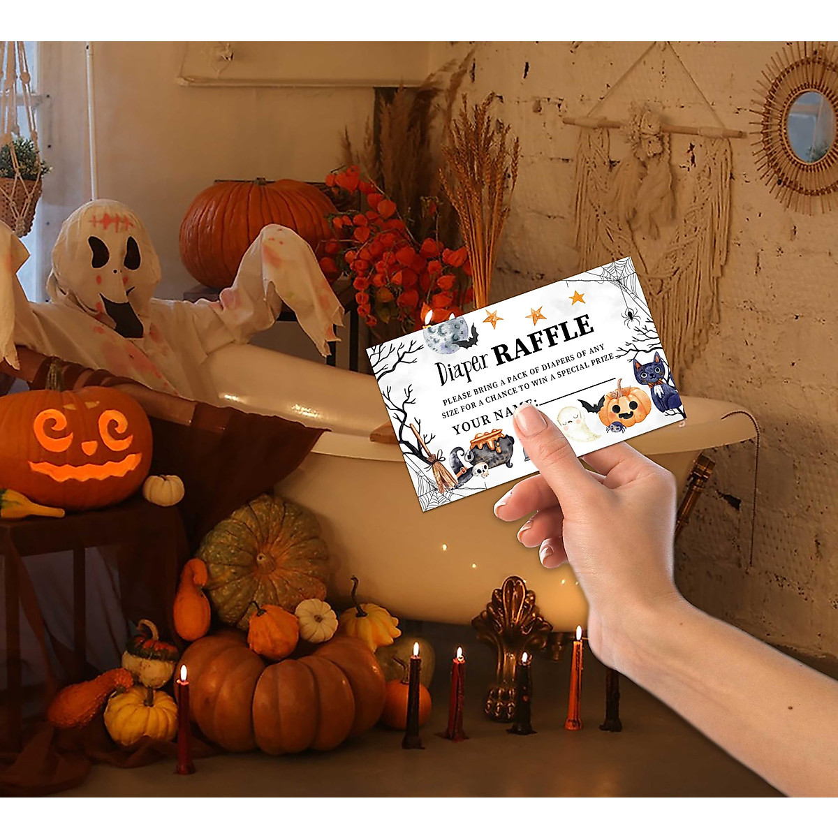 Baby Shower Games - Halloween Diaper Raffle, 1 Sign and 50 Diaper Raffle Tickets, Gender Reveal Game, A Baby is Brewing Halloween Baby Shower Decoration Supplies (RNB02)
