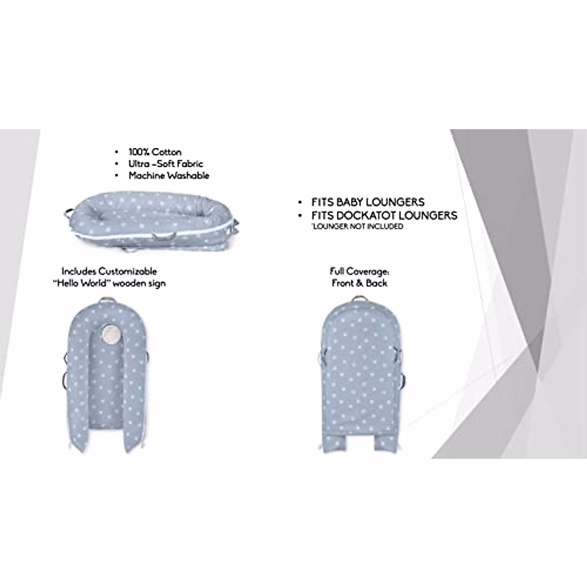 Newborn Lounger Cover for DockATot Deluxe | Cover Replacement Only for Baby Nest | 100% Cotton | Includes “Hello World” Sign (Silver) | The Cover is not Created by Dockatot