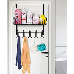 Rumara Over The Door Hanger Hooks, Behind Door Towel Rack, Organizer Hanger with 15 Racks and Basket for Barthroom, Bedroom Kitchen & Pantry, Back of Door Storage Shelf for Coat (1 Basket)