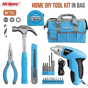 Hi-Spec 21-Piec Blue Tool Set with 3.6V USB Electric Power Screwdriver,Tool Kit for Home, DIY Essential Hand Tool Set Kit