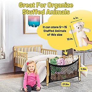 Stuffed Animal Storage Net for Kids, Bedside Toy Organizer Net - Neatly Store Your Stuffed Animals, Elastic Bedside Stuffed Animal Storage Net with Tether, Stretches up to 32 Inches, Black