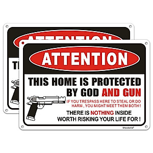 Showbellia 2 Pack Gun Signs This Home is Protected By GOD and Gun Rust Free Aluminum, Weather/Fade Resistant, Easy Mounting, Indoor/Outdoor Use Metal Gun Sign (10"x 7") inches